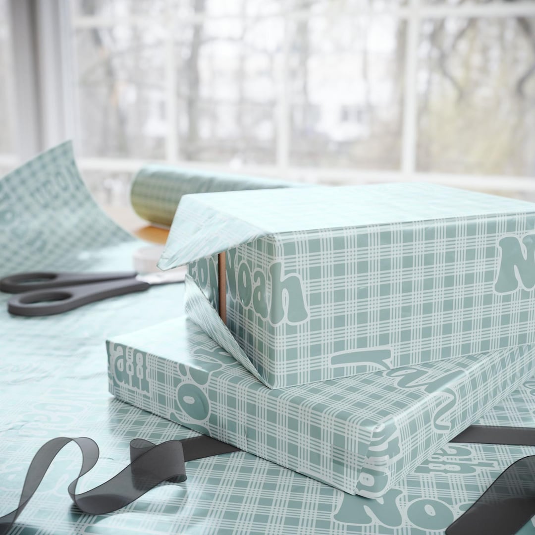 Personalized Name Aqua Blue Palaka Print Pattern Wrapping Paper Roll ...