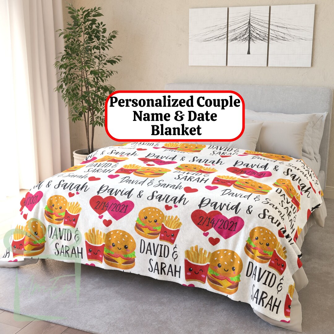 Burger French Fry Love Heart Blanket, Personalized Name Custom Date ...