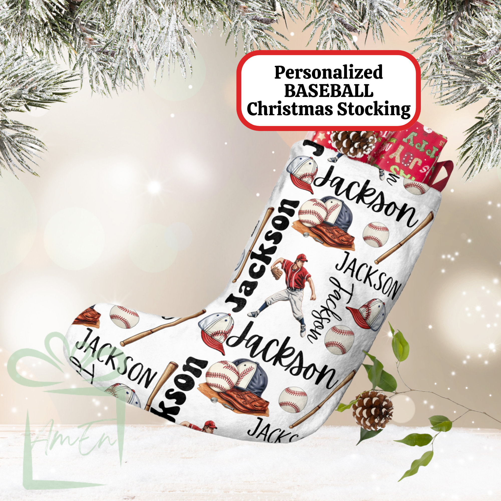 Personalized Name Baseball Large Christmas Stocking, Custom Boy Sport ...