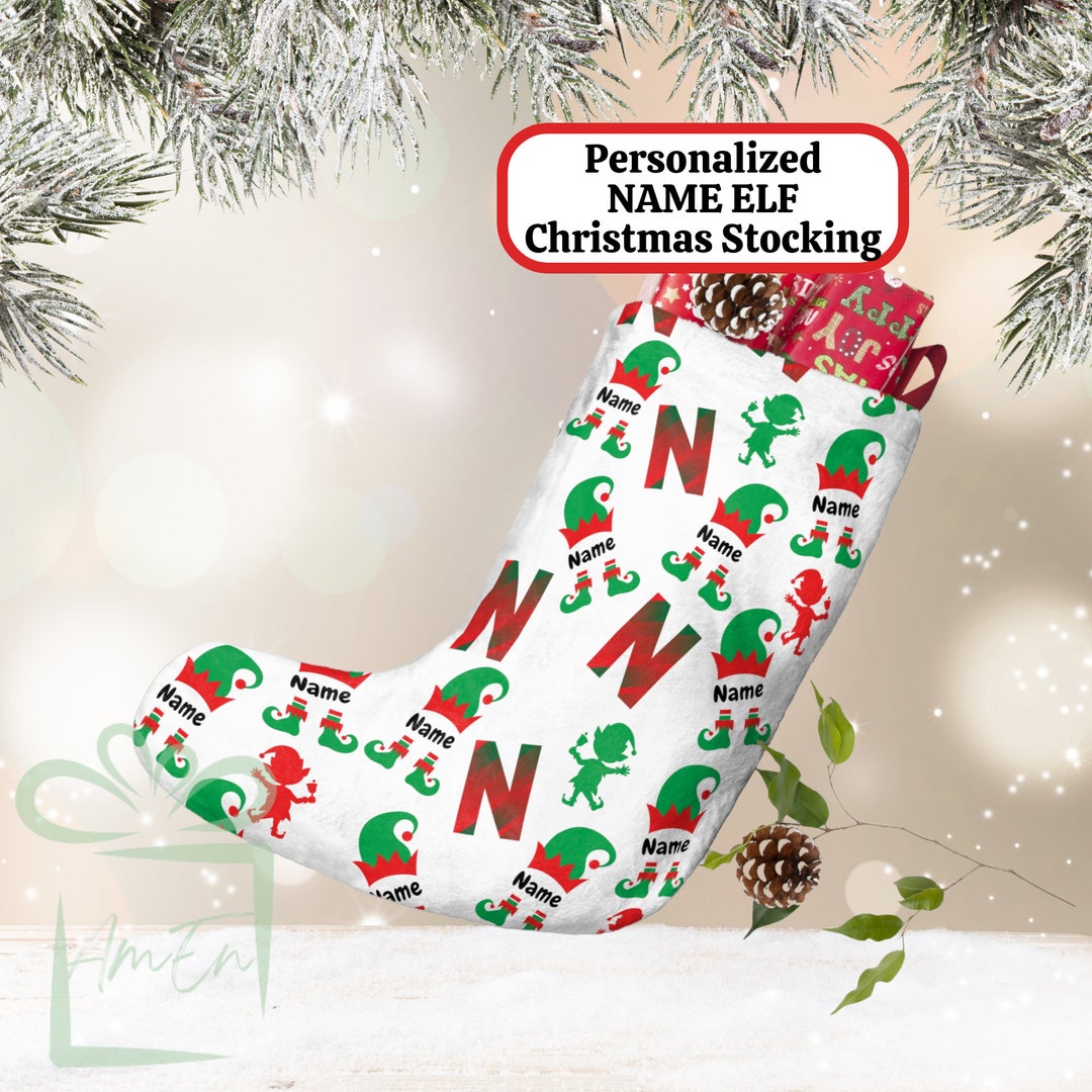 Personalized Name Elf Christmas Stocking, Custom Initial Elves Children ...