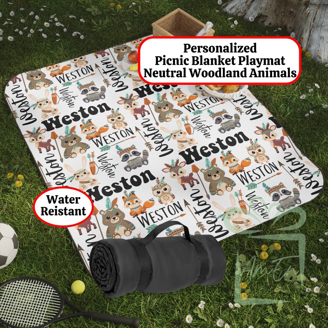 Custom Boho Woodland Baby Animal Picnic Playmat Blanket, Personalized ...