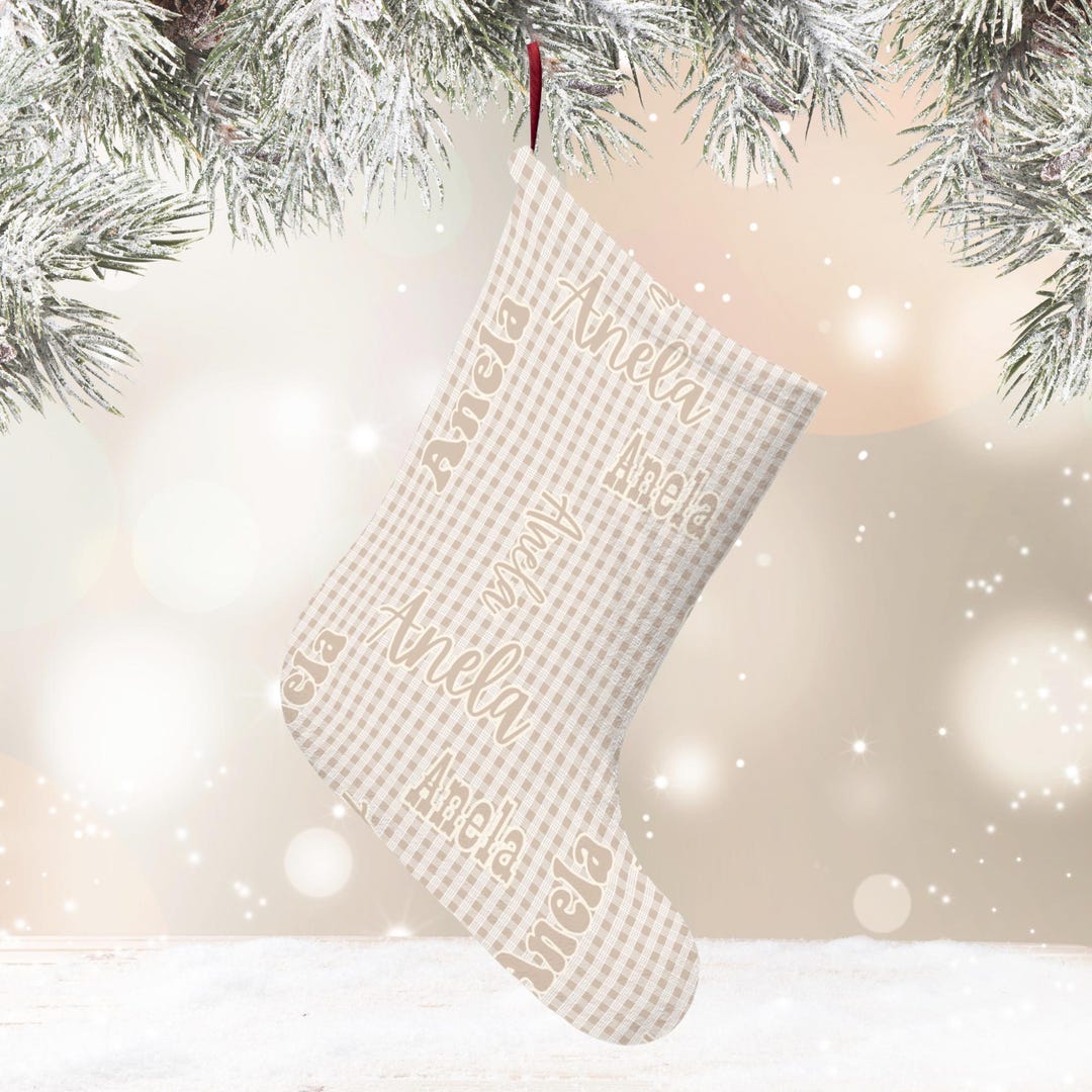 Personalized Neutral Beige Palaka Print Christmas Stocking Gift, Large ...