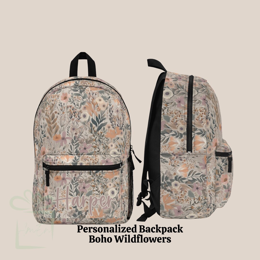 Personalized Boho Wildflower Backpack and Lunch Bag Tumbler Set, Floral Back to School Bookbag ...
