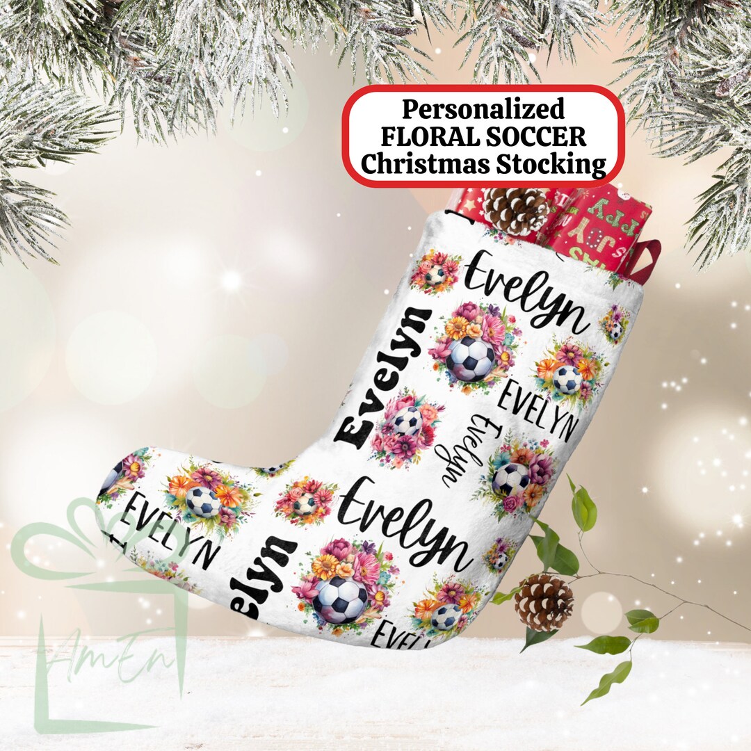 Personalized Name Soccer Ball Floral Stocking, Custom Girl Sport ...