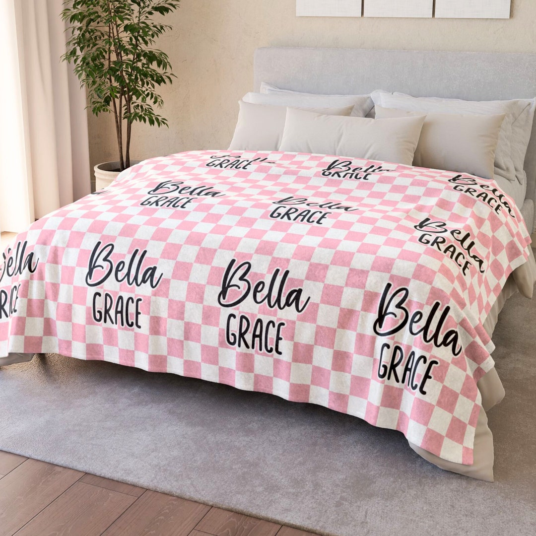 Personalized Name Pink and White Checkered Blanket Gift, Custom Check ...