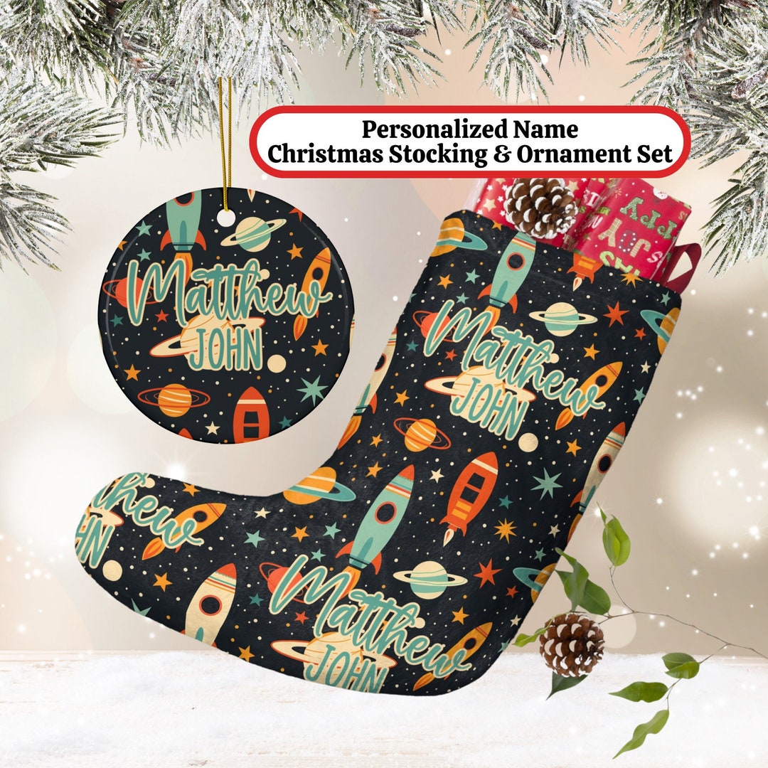 Personalized Retro Outer Space Christmas Stocking, Custom Spaceship ...