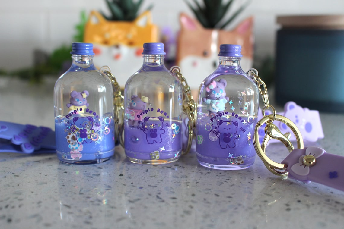 Kawaii Purple Bear Bottle Boba Milk Tea, Bubble Tea Liquid Keychain ...