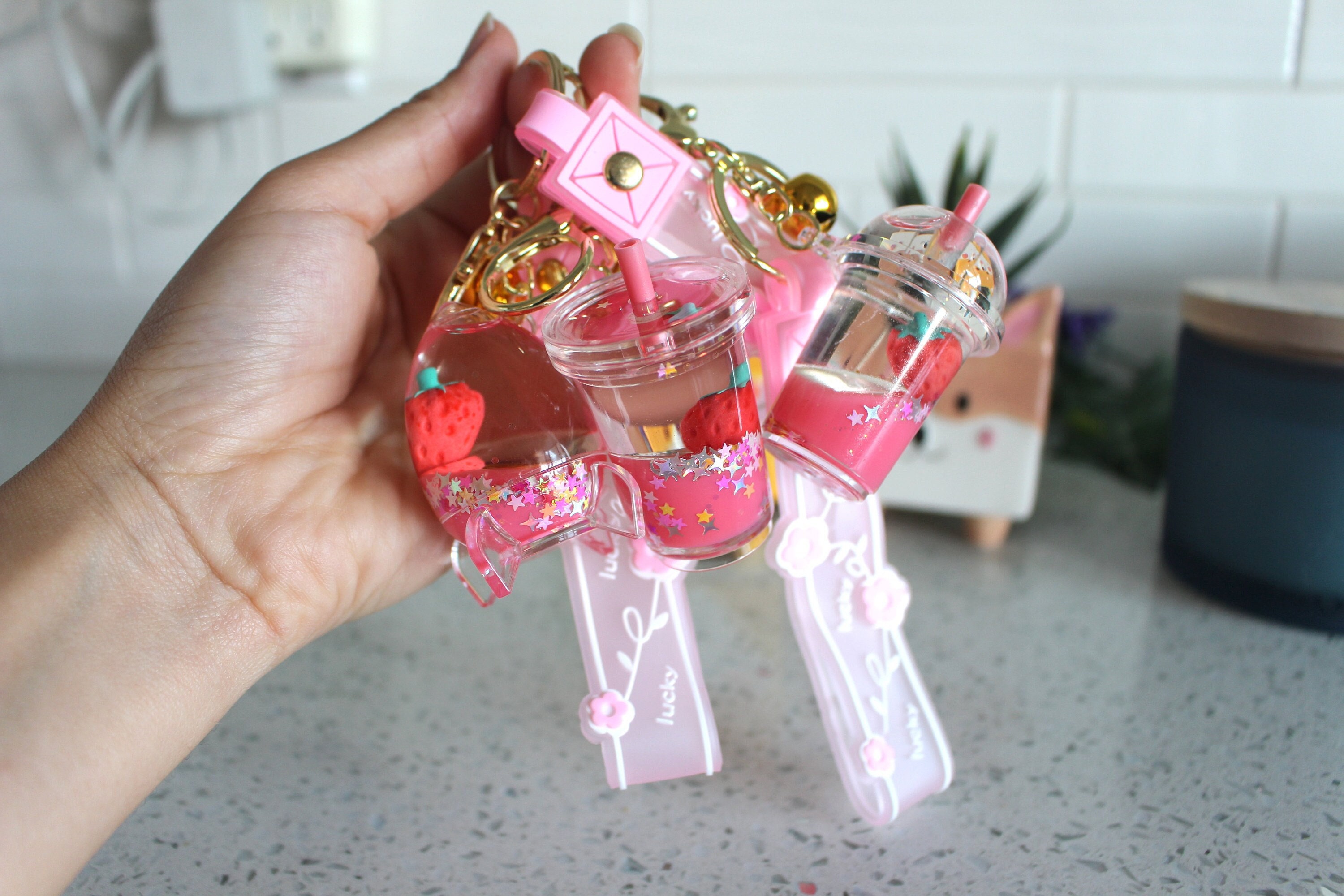 Kawaii Strawberry Boba Milk Tea,bubble Tea Liquid Keychain,cute Pearl ...