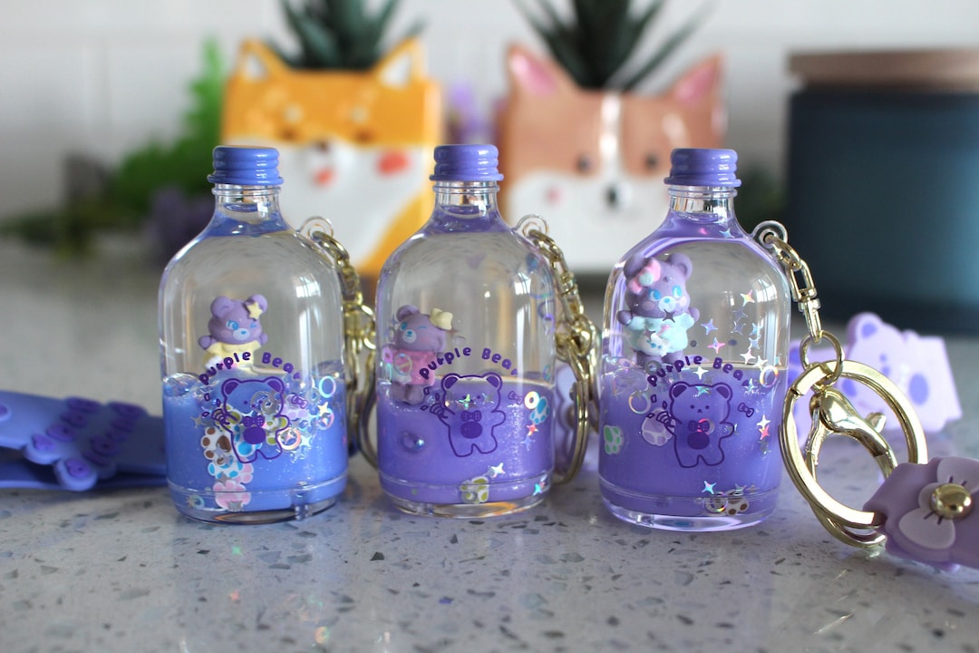 Kawaii Purple Bear Bottle Boba Milk Tea, Bubble Tea Liquid Keychain Cute Floating Quicksand ...