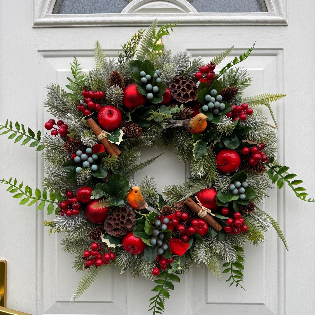Artificial Christmas Wreath for Front Door With Red and Blue Winter ...