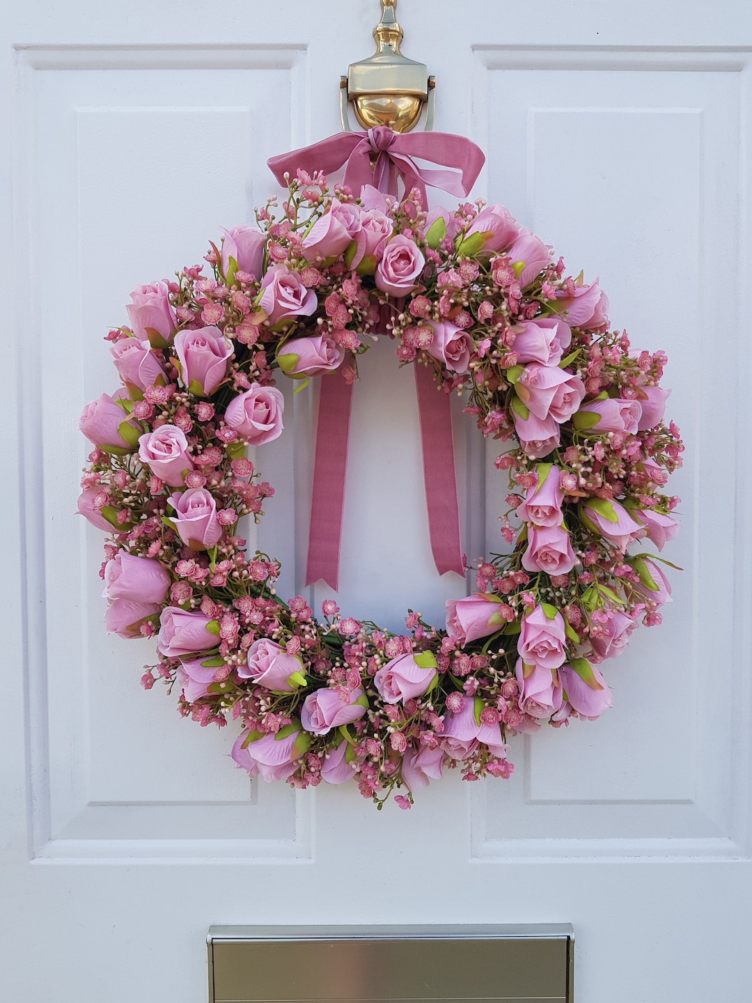 Pink Wreath for Front Door With Artificial Pink Roses and Gypsophila - Etsy
