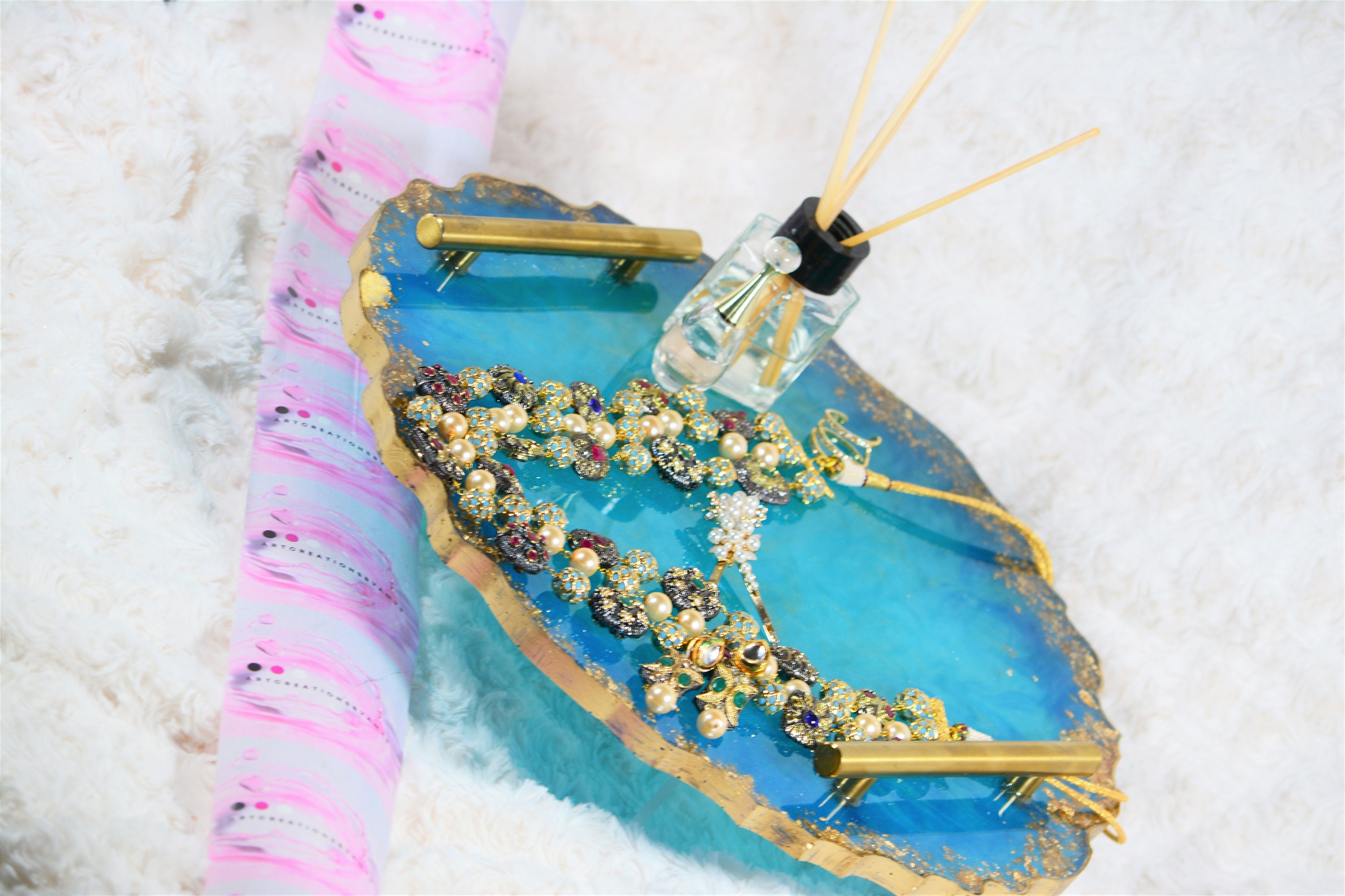 Round Resin Tray - Teal Blue and Gold With Gold Leaf/resin/serving Tray ...