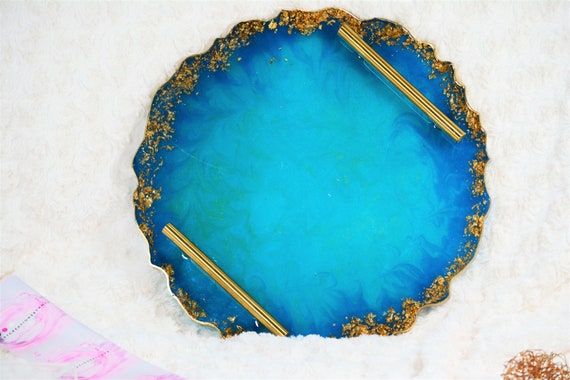 Round Resin Tray Teal Blue and Gold with Gold | Etsy