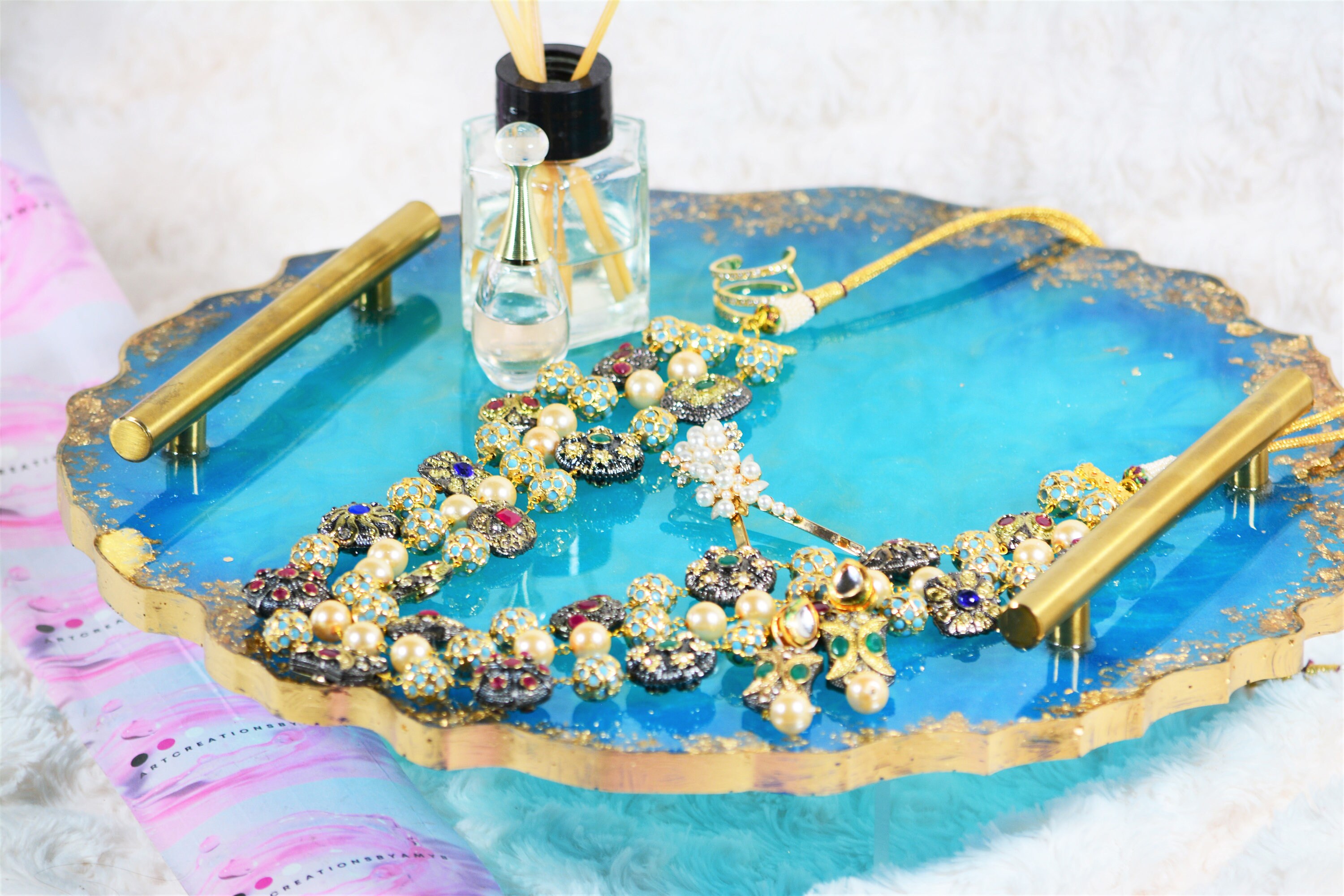 Round Resin Tray - Teal Blue and Gold With Gold Leaf/resin/serving Tray ...