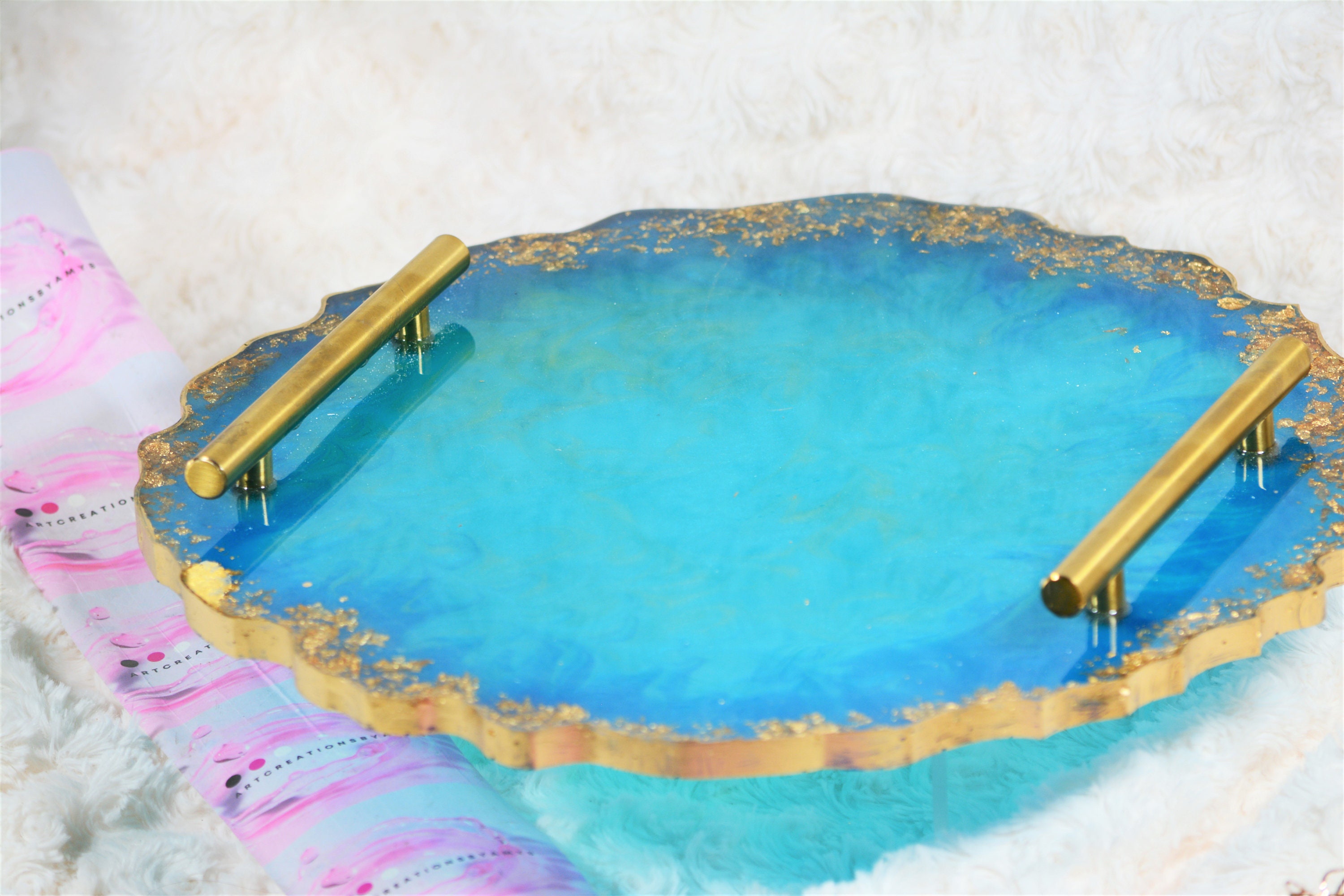 Round Resin Tray - Teal Blue and Gold With Gold Leaf/resin/serving Tray ...