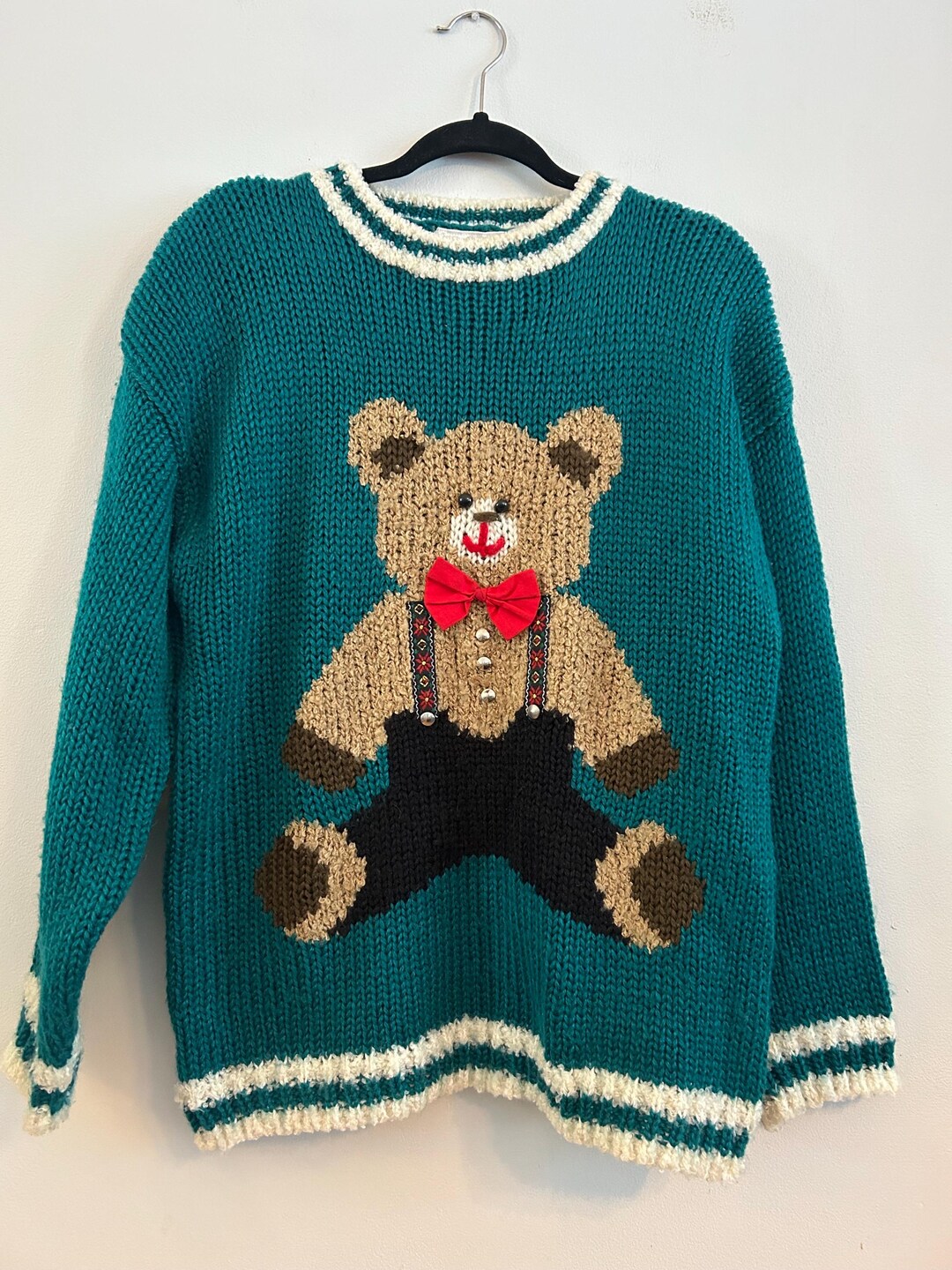 Vintage 80s 90s Handknit Teal TEDDY BEAR 3d Bowtie Suspenders Sweater ...