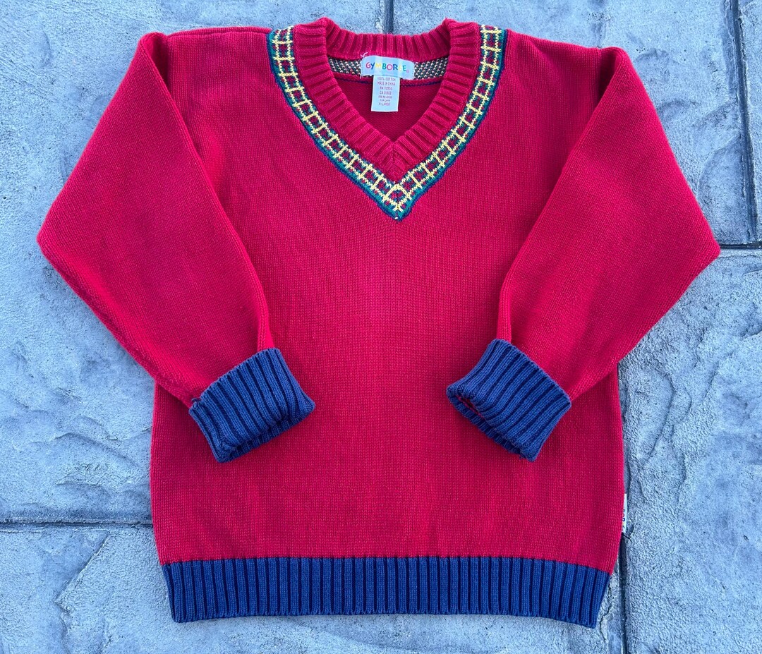 Vintage 90s Gymboree Red V Neck Contrast Trim Cotton Knit Sweater ...