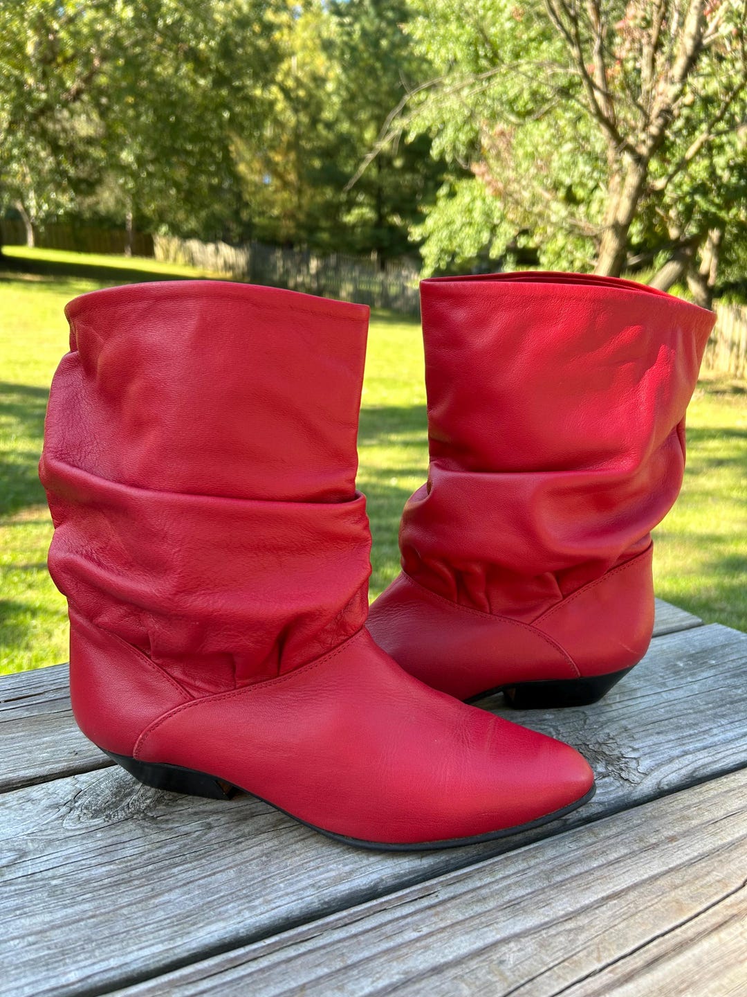 Vintage 1980s Red Leather Slouch Ankle Boots Almond Toe New Wave Punk ...