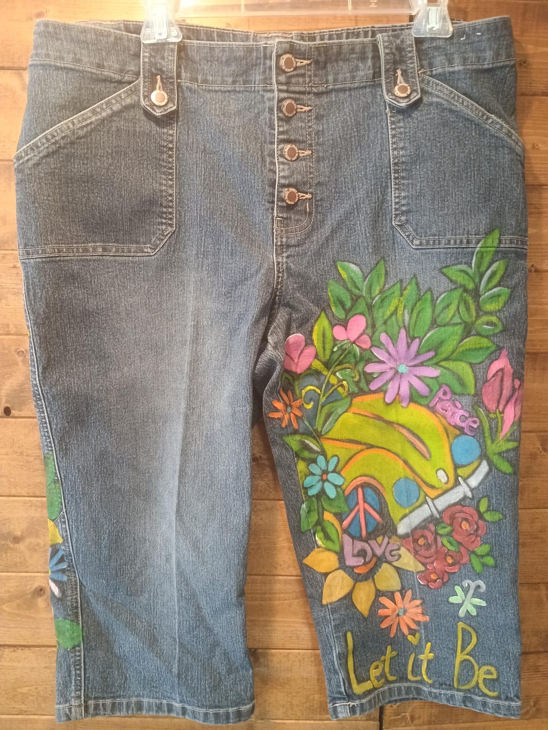 Custom Denim Capris..let It Be..vw Bug..flowers..sz18..custom Painted ...