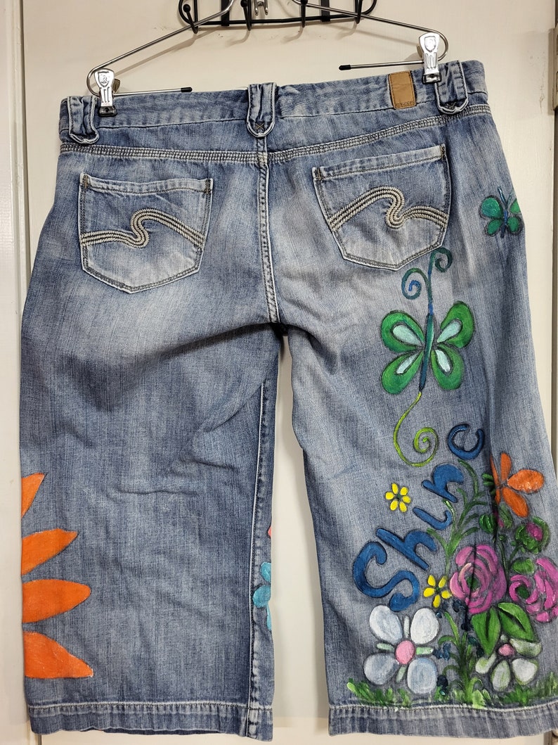 Boho Hippie Denim Capri Upcycled Maurices Sz15-16 Butterflies..flowers ...
