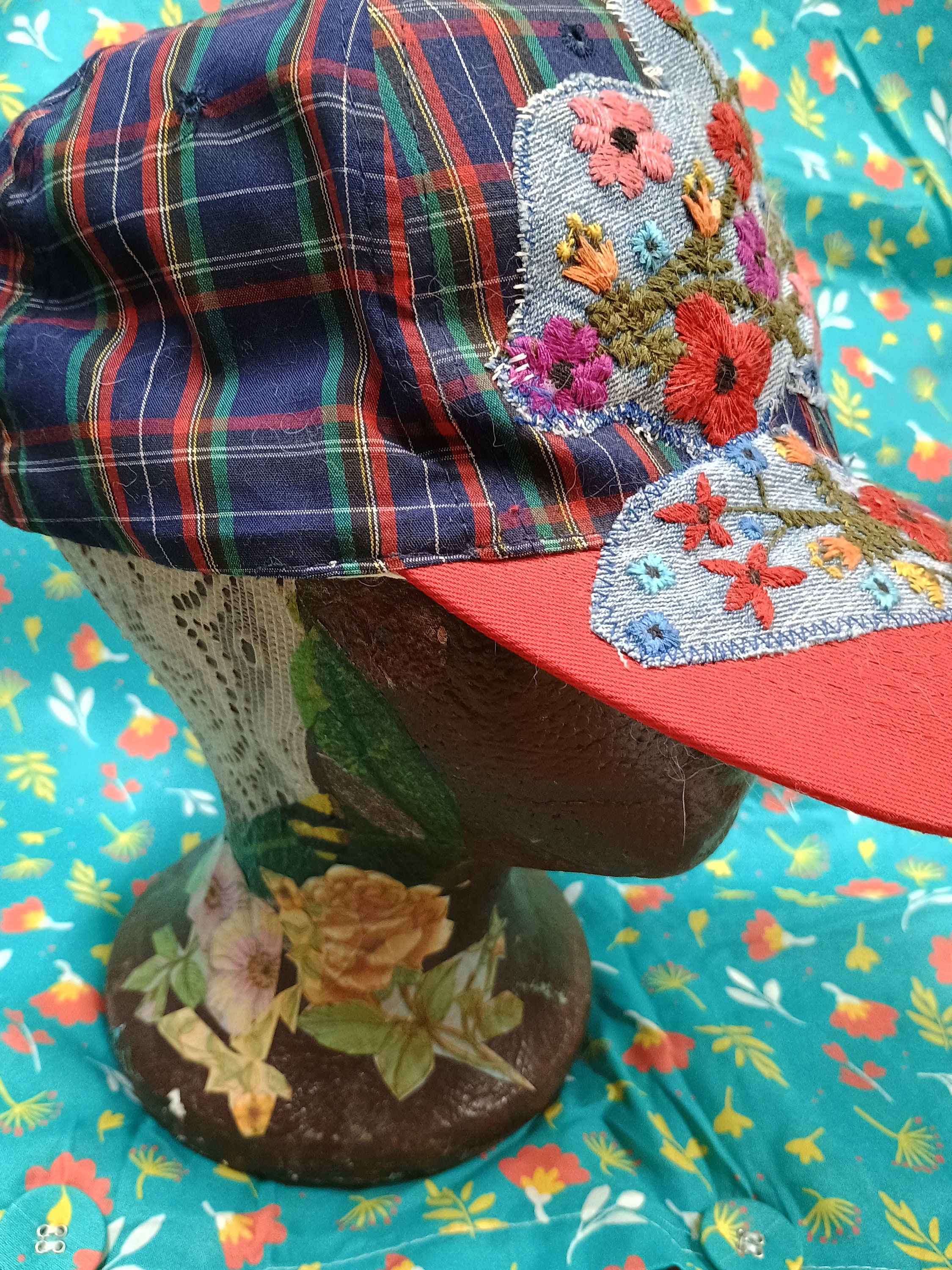 Custom Ball Cap Embellished W Denim Patch W Embroidered Flowers ...