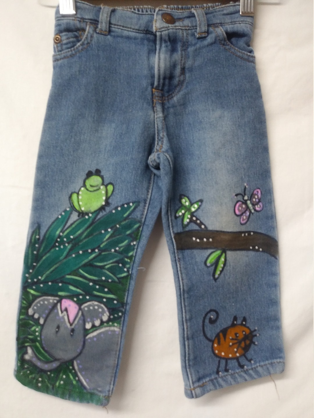 Frogs and Elephants on Toddler Jeans Hand Painted Funny Animals ...