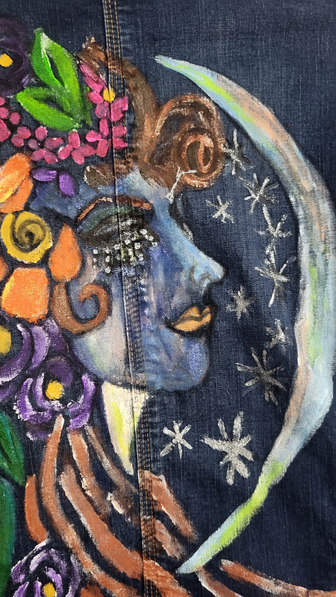 Custom Moon Goddess Jacket W Roses and Stars Upcycled Chico's Denim Szm 12-14 Exclusive Design ...