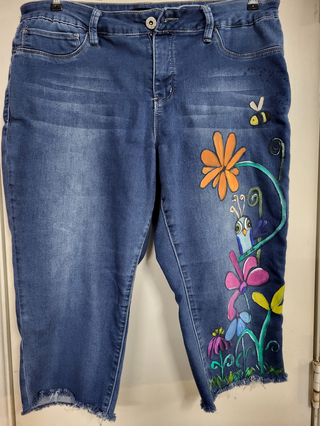 Custom Painted Denim Capri Sz16 Upcycled Signature Studios. Fringed Hem ...