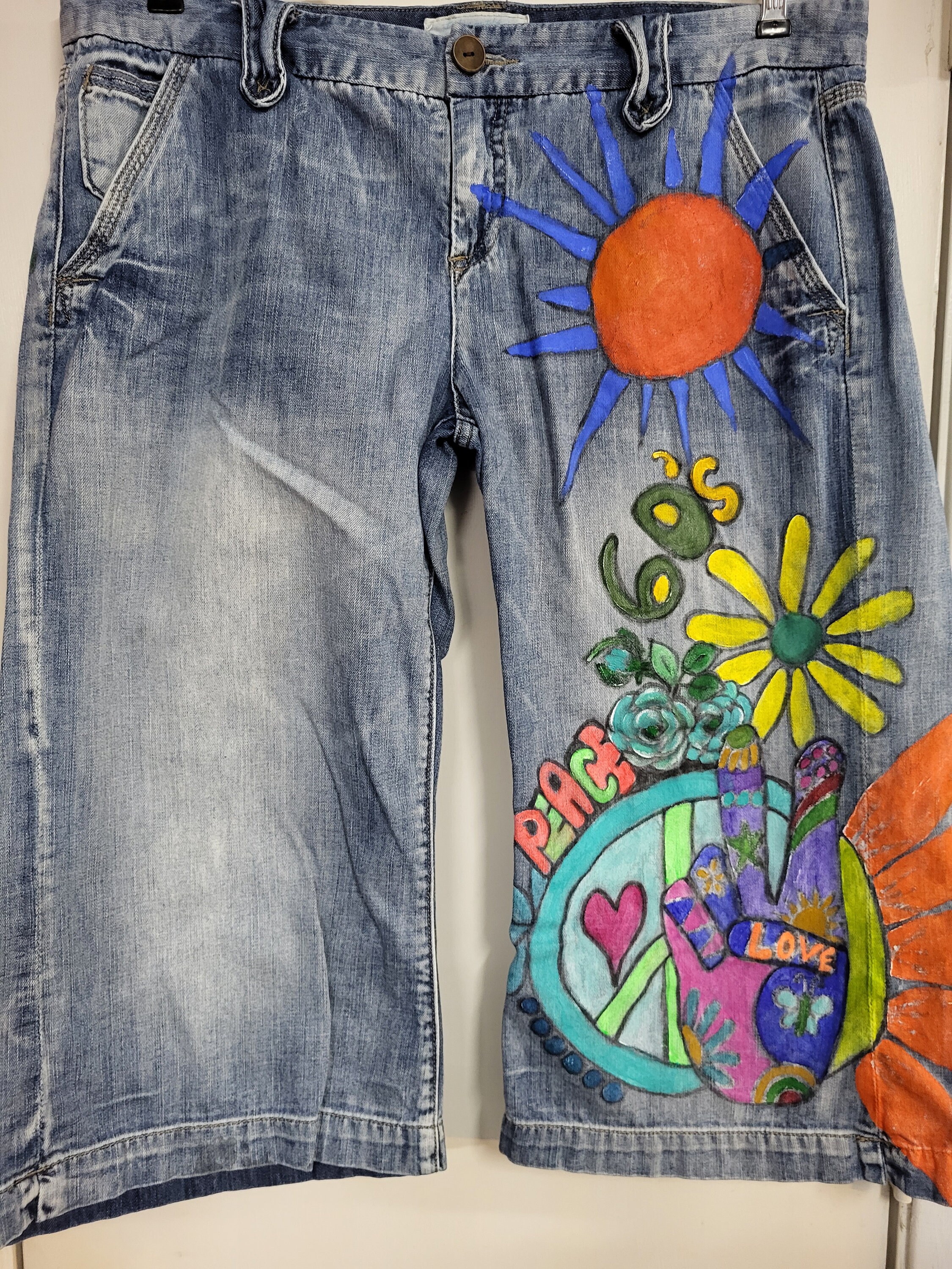 Boho Hippie Denim Capri Upcycled Maurices Sz15-16 Butterflies..flowers ...