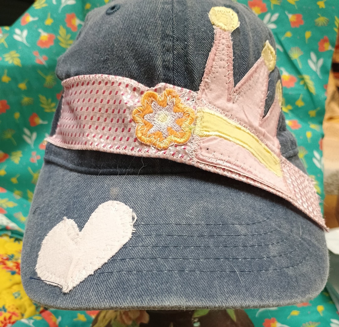 Upcycled Denim Ball Cap Embellished W Pink Crown and Heart ..original ...