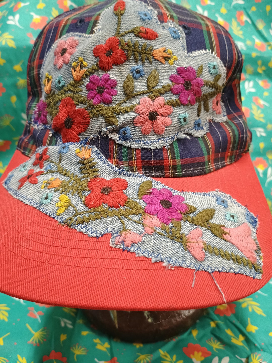 Custom Ball Cap Embellished W Denim Patch W Embroidered Flowers ...