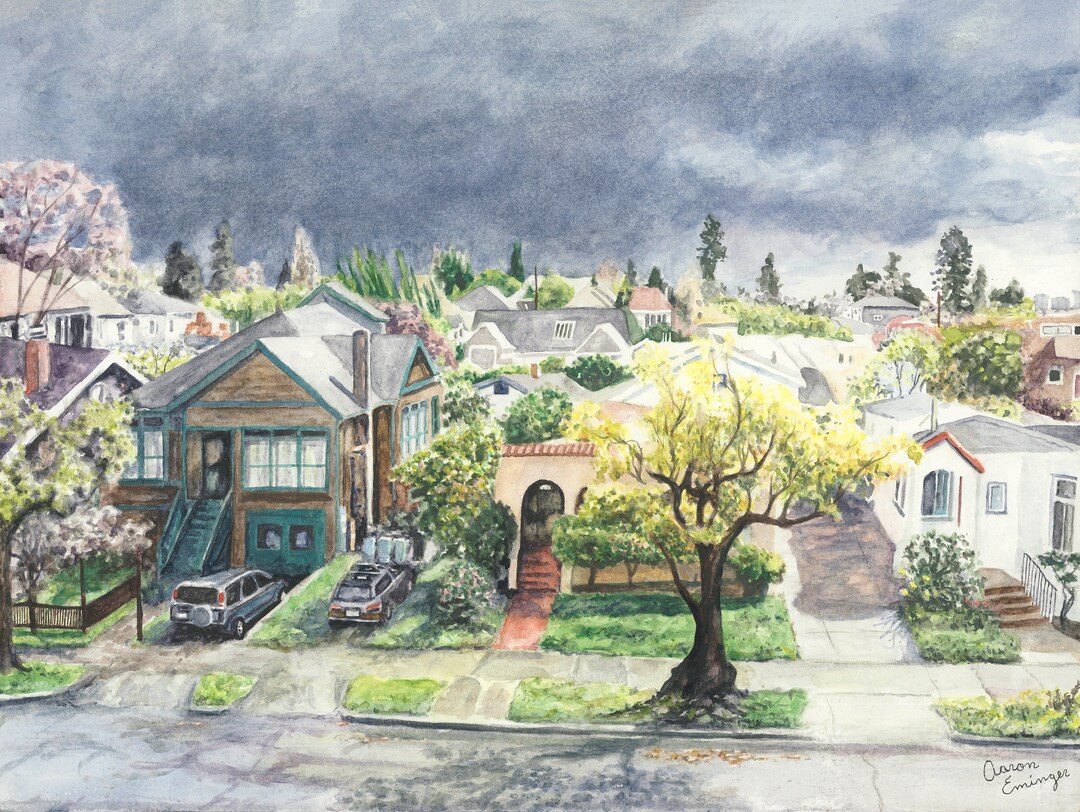 Berkeley, California, Streetscape, Landscape, Rain Clouds, Watercolor ...