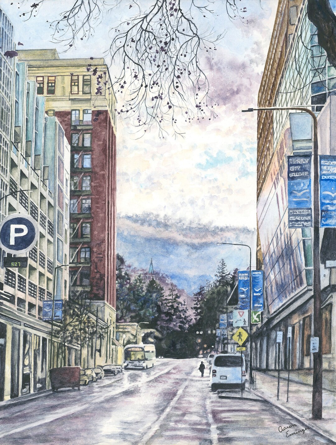 Berkeley Center Street Watercolor Painting, UC Berkeley Campus Art ...