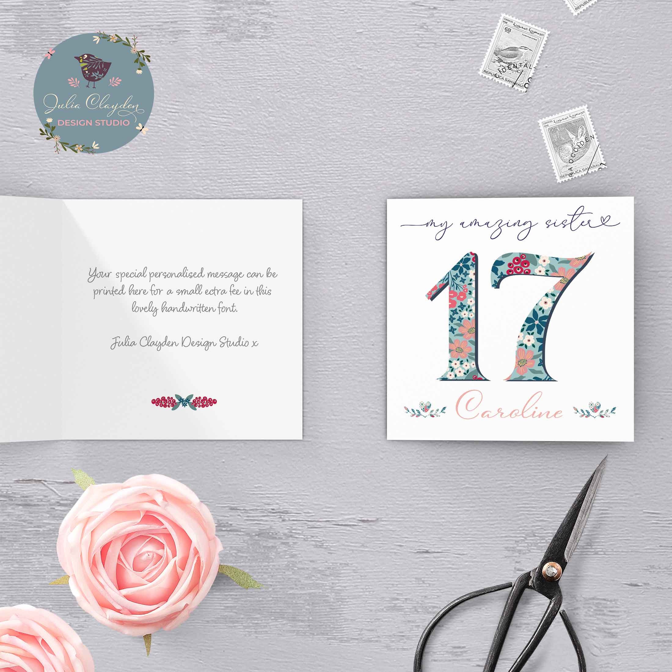Personalised Sister Floral 17th Birthday Card, 17th Birthday Card For ...