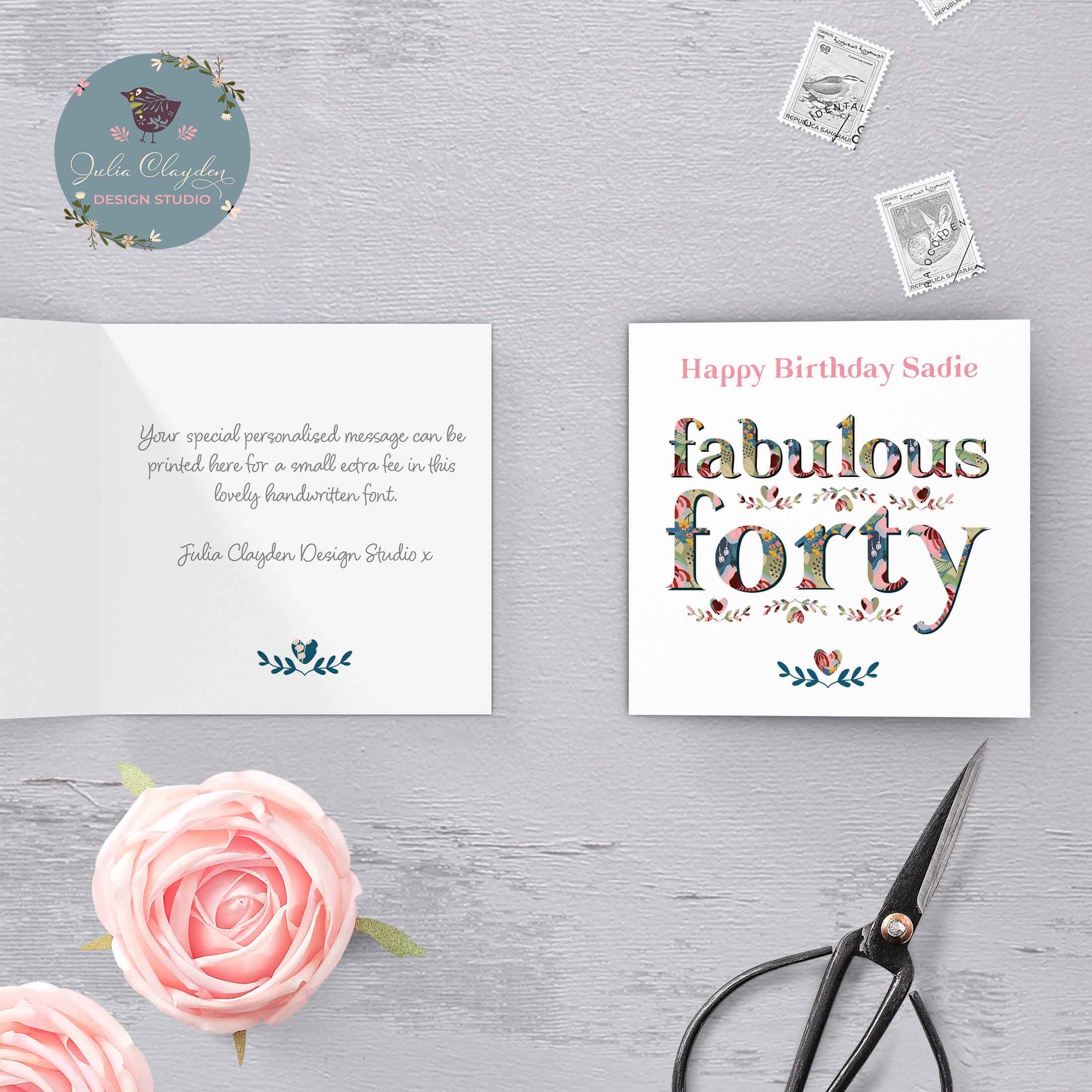 Personalised 40th Floral Birthday Card, Fabulous Forty Birthday Card ...
