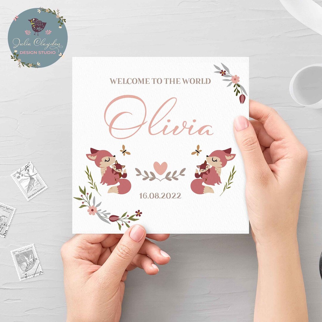Personalised Fox New Baby Card, New Baby Girl Fox Card, New Baby Girl ...
