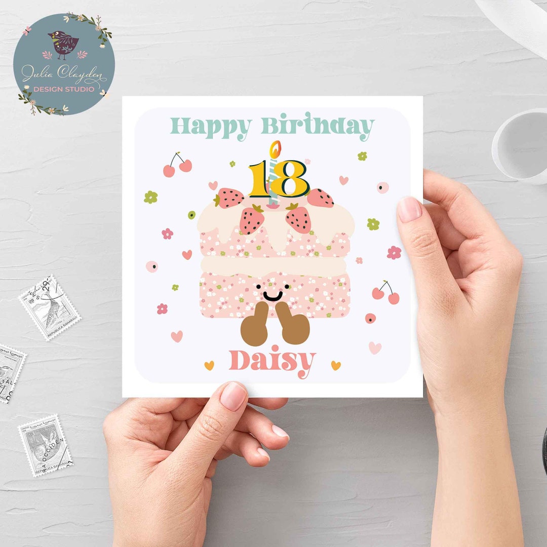 Personalised Cute 18th Birthday Cake Card, Eighteenth Birthday Custom ...