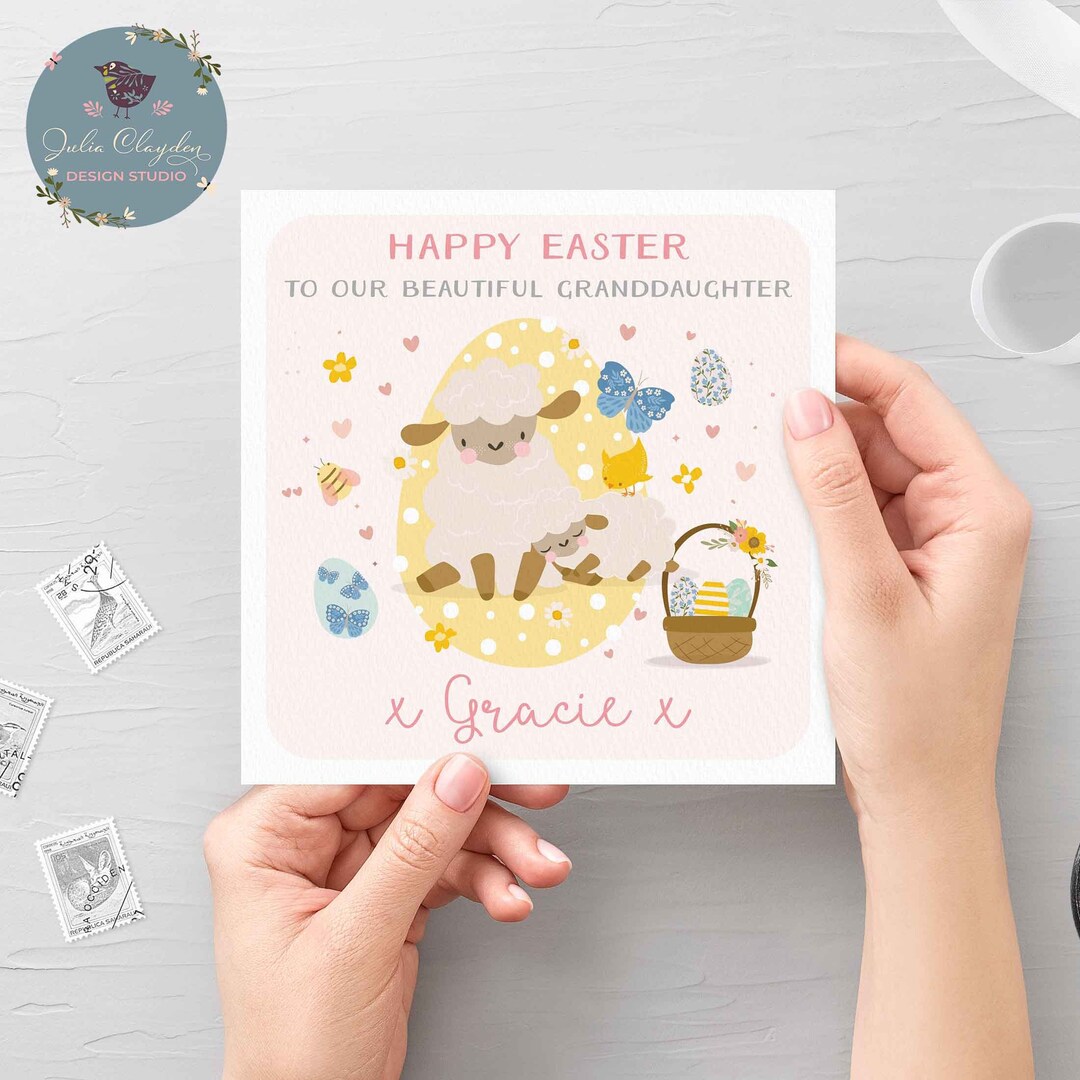 Personalised Easter Card for Granddaughter, Happy Easter Lamb Card for Her, Cute Pink Easter ...