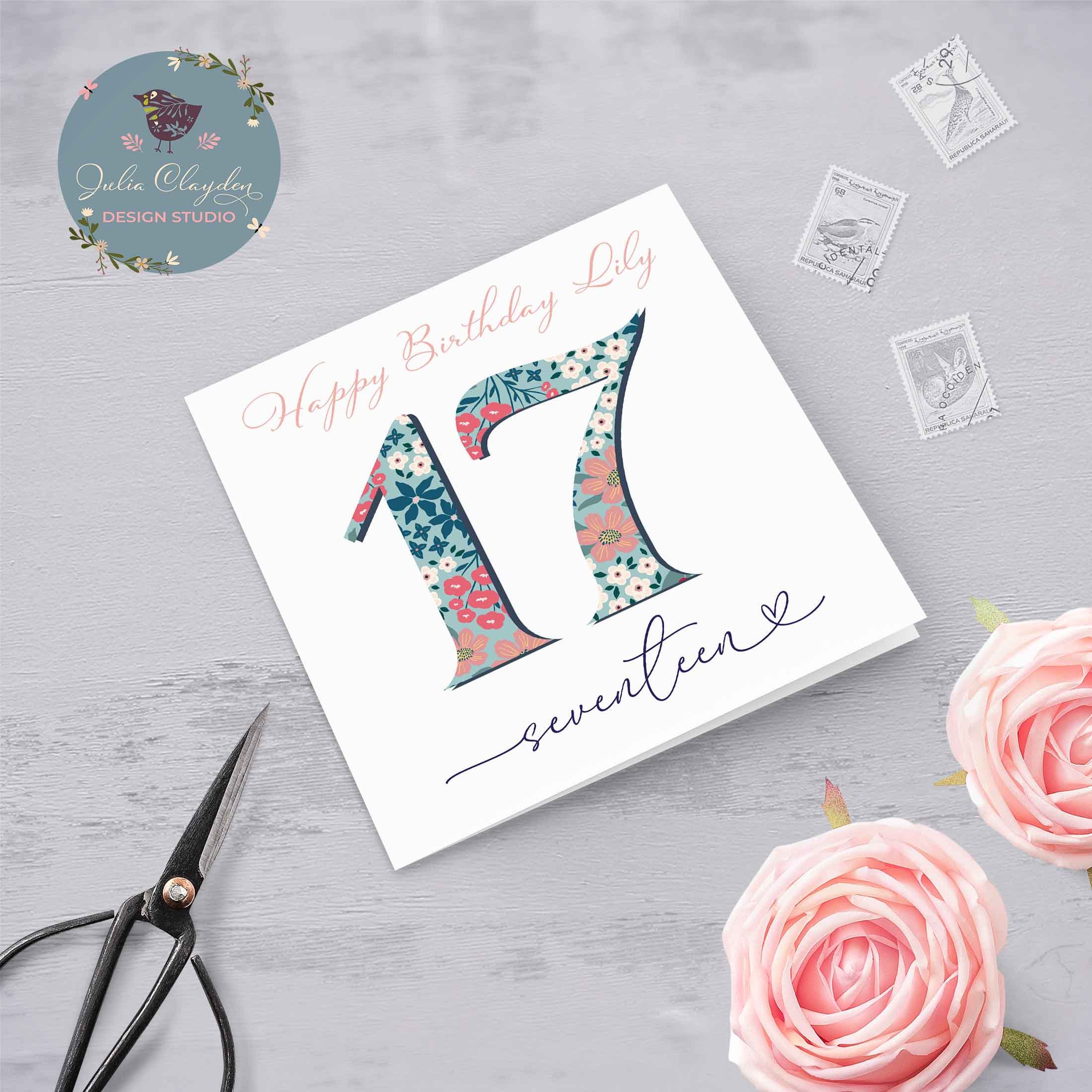 Personalised 17th Floral Birthday Card, Seventeeth Birthday Card For ...