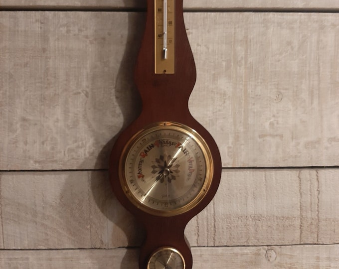 Vintage Solid Wood & Brass Weather Station Barometer Thermometer ...