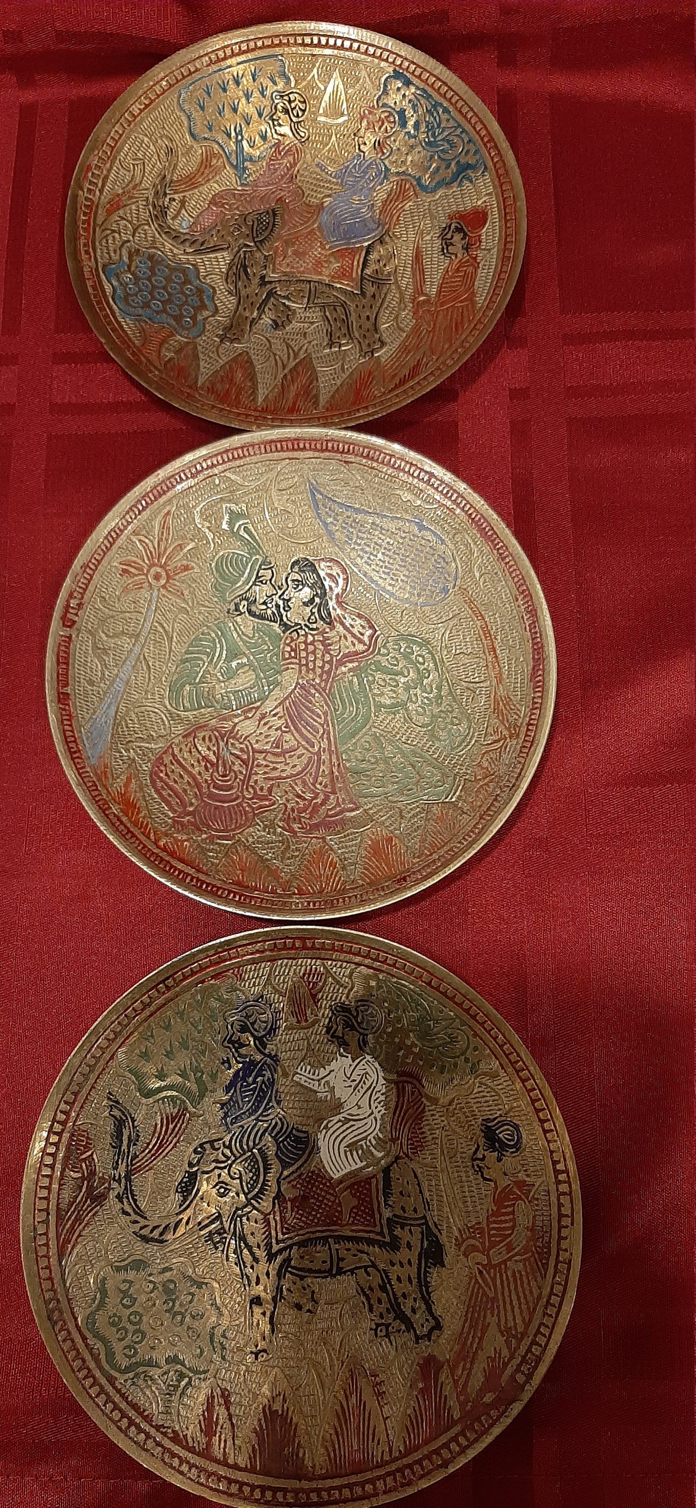 Vintage Set of 3 Indian Handcrafted Engraved and Colored Enameled ...