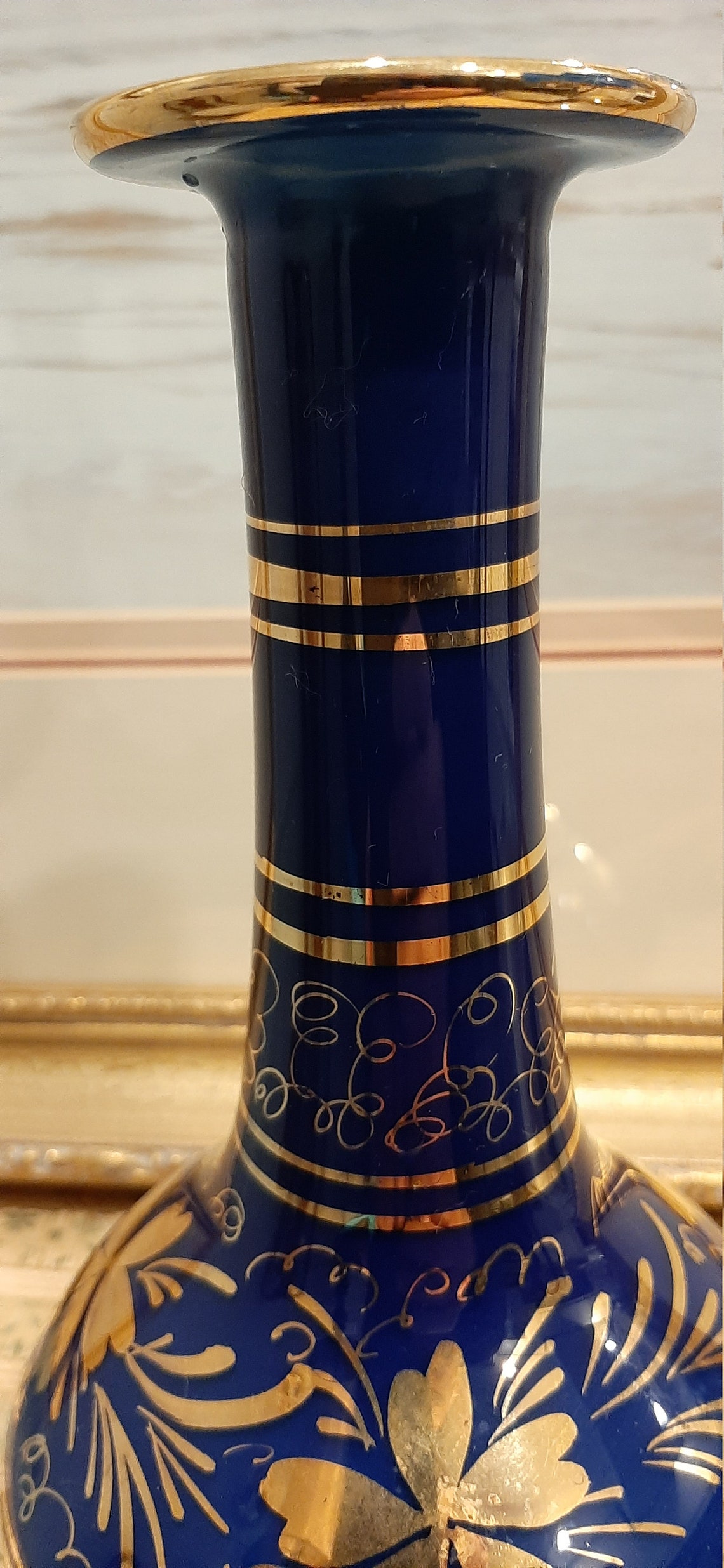 Vintage Victorian Style Cobalt Blue Glass Vase With White - Etsy