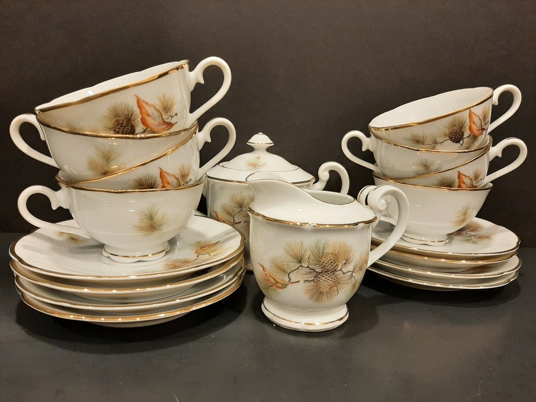 Vintage Japanese PINE TREE Fine Translucent CHINA Tea Set for 8 Pearson ...