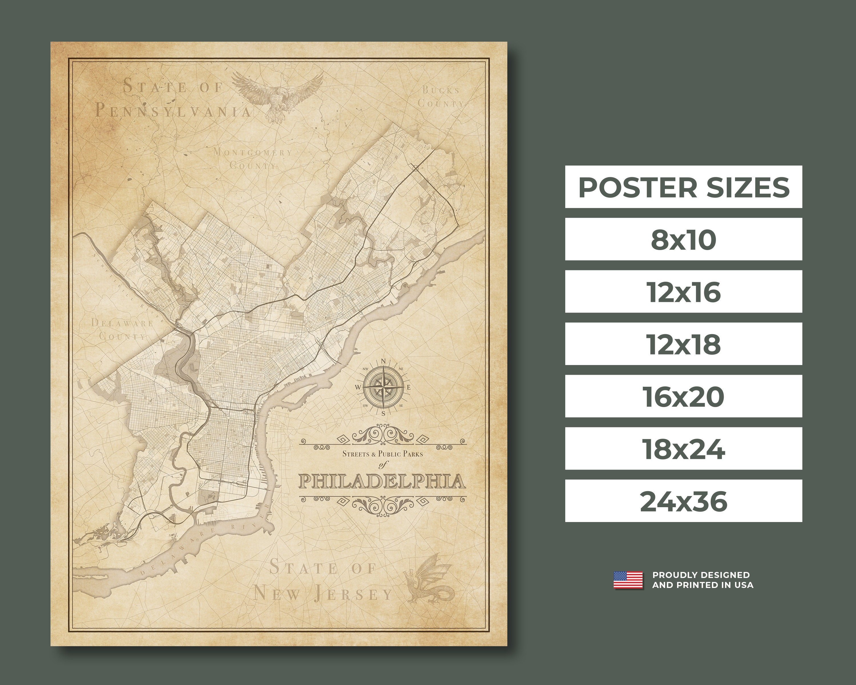 Vintage Philadelphia Map Poster, City of Philadelphia Vintage Wall Art ...