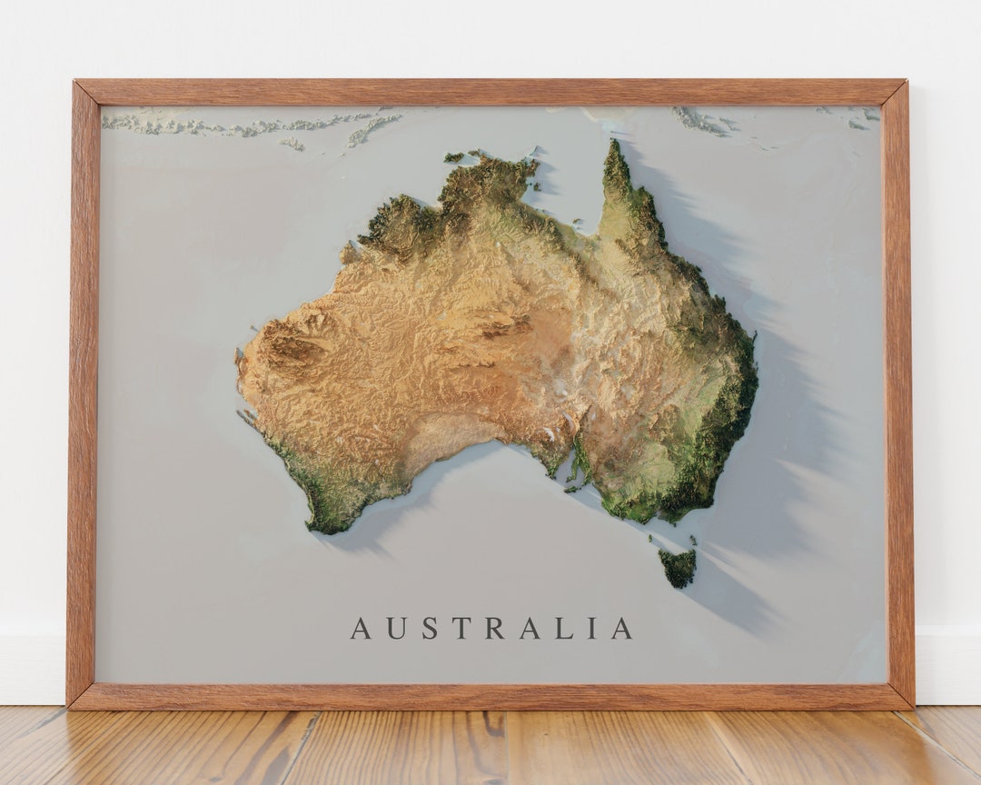 Australia Art Print, Shaded Relief Map of Australia Poster Wall Art ...