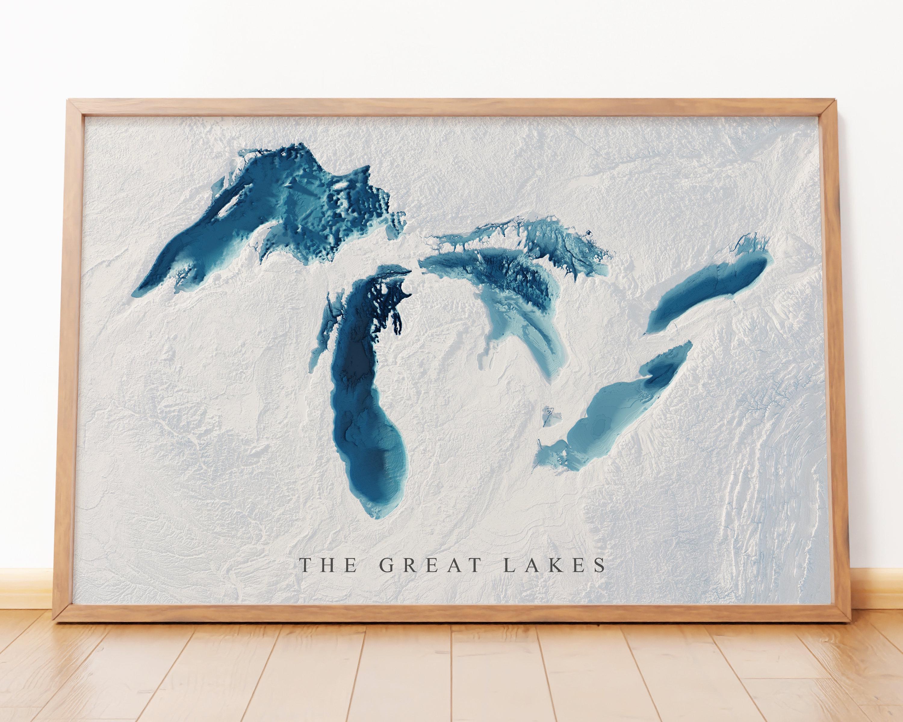 Great Lakes Map Art, Great Lakes Bathymetric Lake Map Art, Great Lakes ...