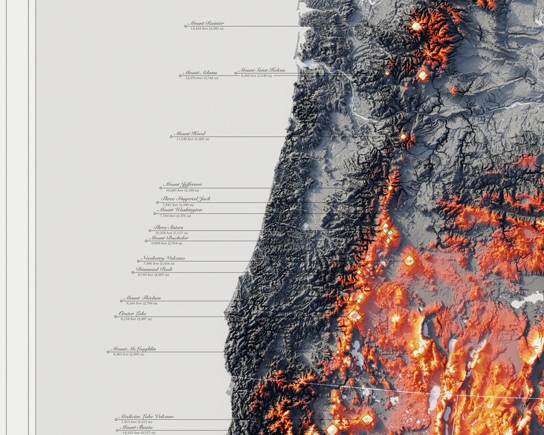 Cascade Range Volcanoes Topographic Map Print: Pacific Crest Trail ...