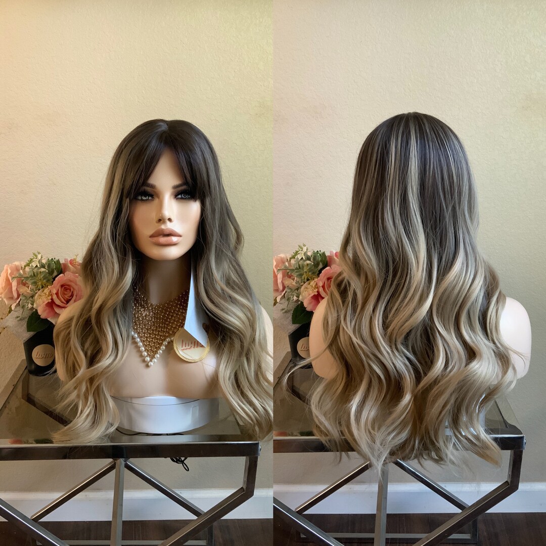 24'' Ombre Balayage Brown Synthetic Wig With Bang Little Wig Museum ...