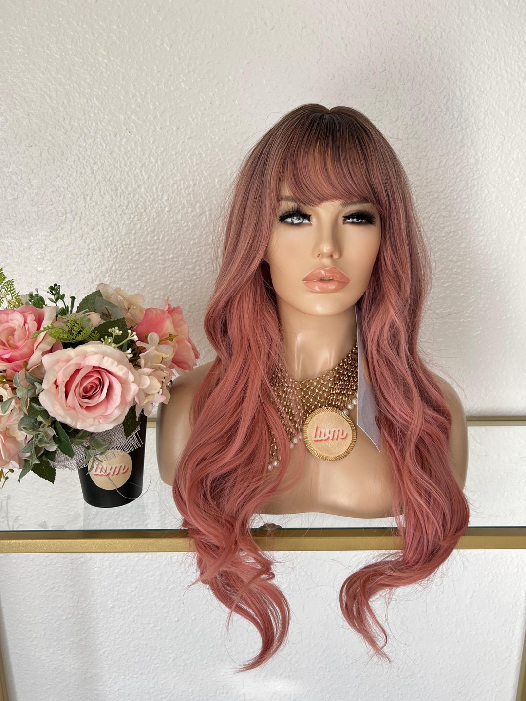 Pink Wig With Bangs, 28 Inches Long Wavy Dart Roots, Heat Resistant ...