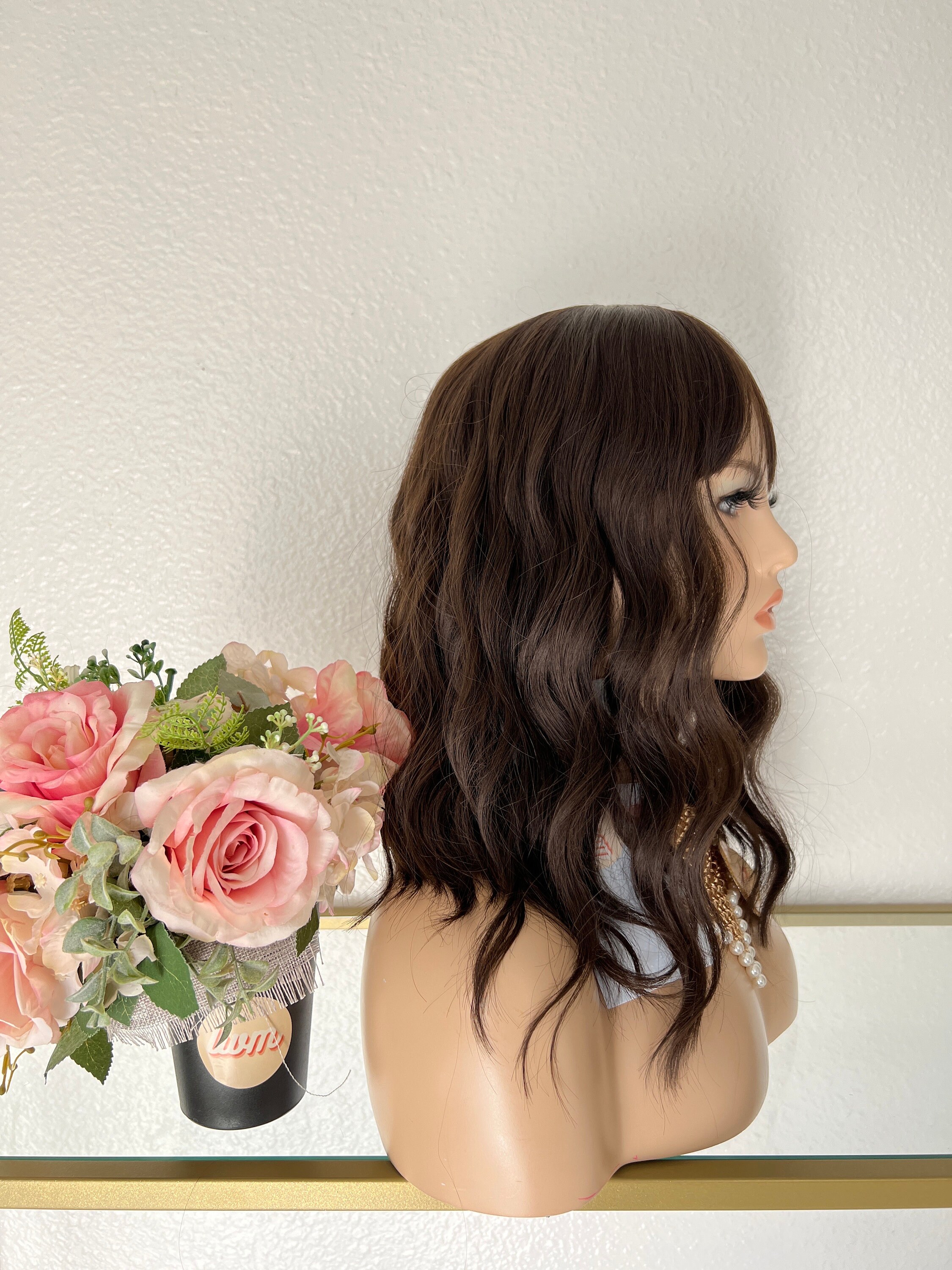 16 Inches Dark Brown Wavy Wig With Bangs Heat Resistant Comfort Cap - Etsy